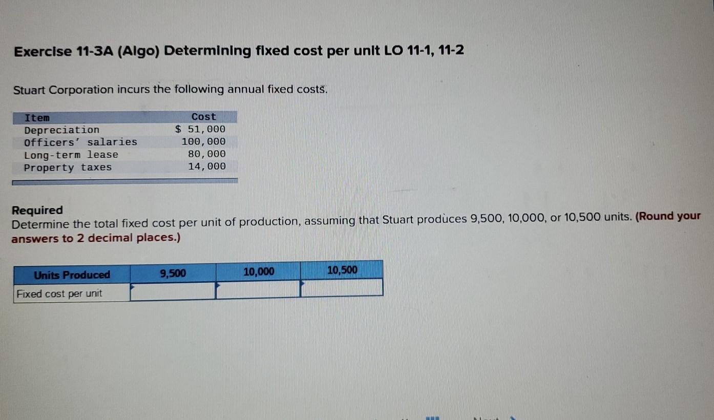 Solved Exercise 11-3A (Algo) Determining fixed cost per unit | Chegg.com