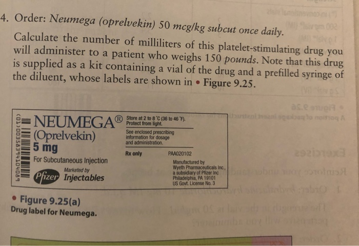 Solved 4. Order: Neumega (oprelvekin) 50 mcg/kg subcut once | Chegg.com