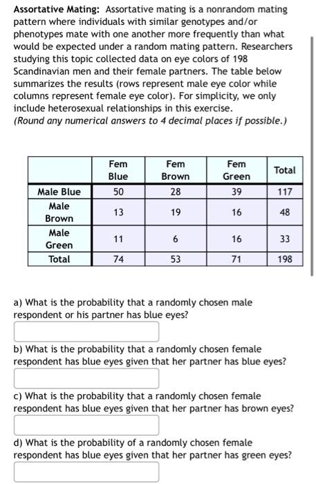 Solved Assortative Mating: Assortative mating is a nonrandom | Chegg.com