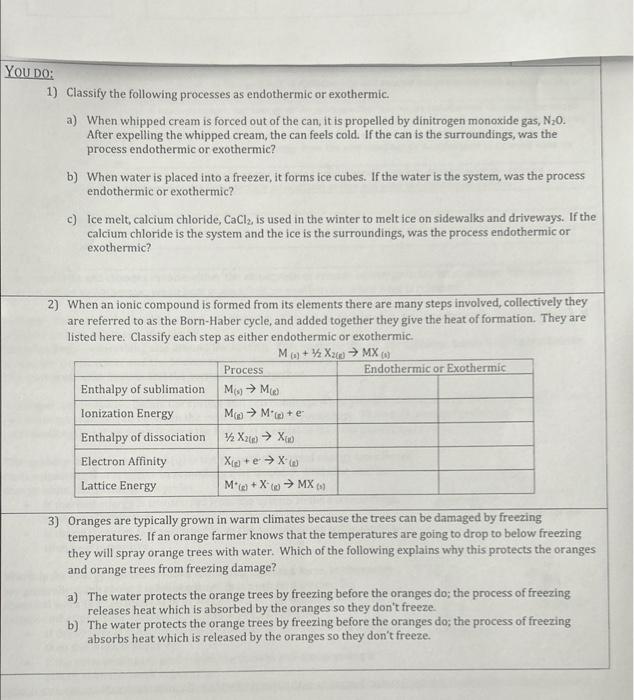 Solved 1) Classify the following processes as endothermic or | Chegg.com