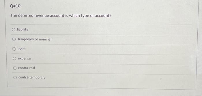 Solved Q#10: The deferred revenue account is which type of | Chegg.com