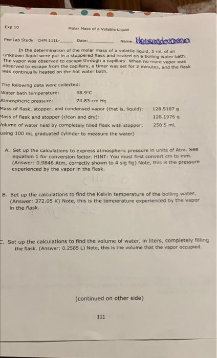 Solved Exp 10 Molar Mass of a volatile Liquid Pre-Lab Study | Chegg.com