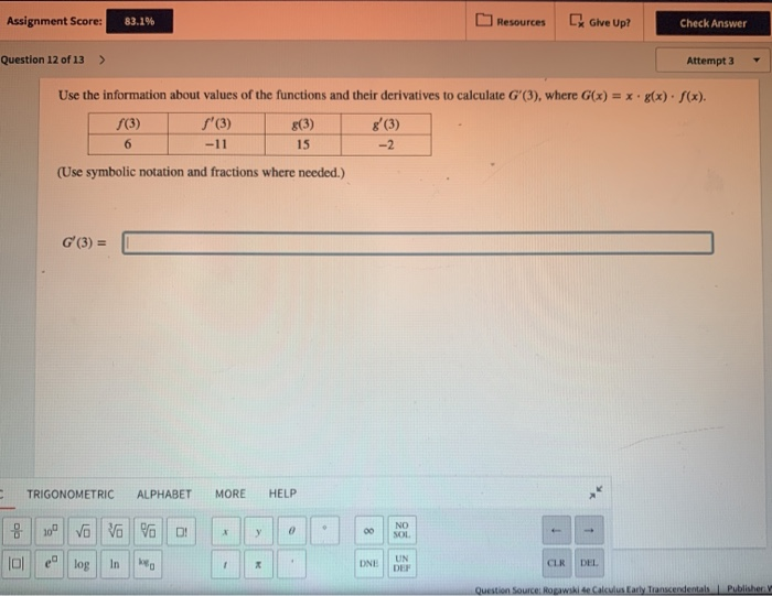 Solved Assignment Score: 83.1% Resources C Give Up? Check | Chegg.com