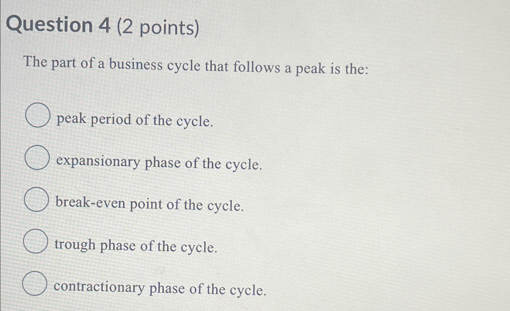 Solved Question 4 (2 ﻿points)The part of a business cycle | Chegg.com