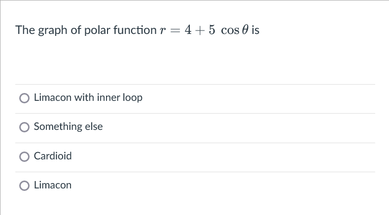 Solved The graph of polar function r=4+5cosθ ﻿isLimacon with | Chegg.com