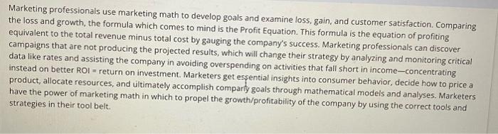 Solved Marketing professionals use marketing math to develop | Chegg.com