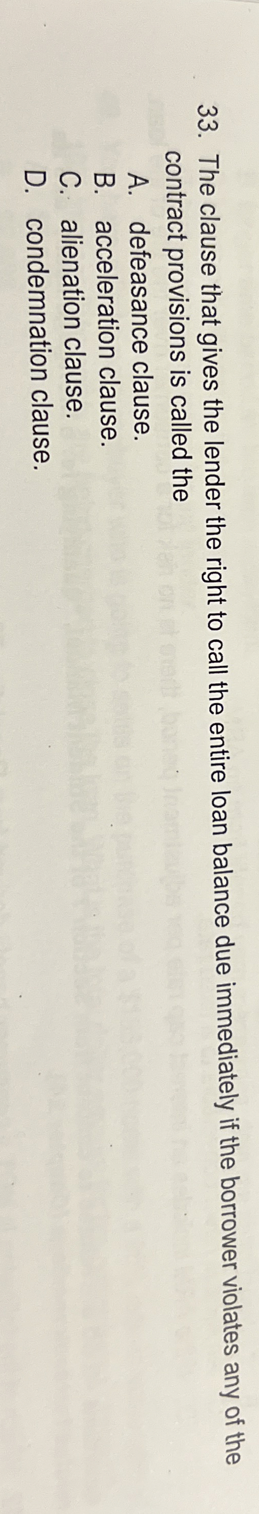 Solved The clause that gives the lender the right to call | Chegg.com