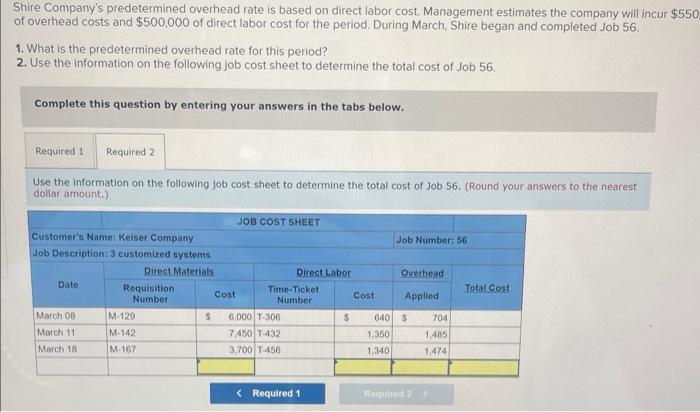 Solved Shire Company's predetermined overhead rate is based | Chegg.com