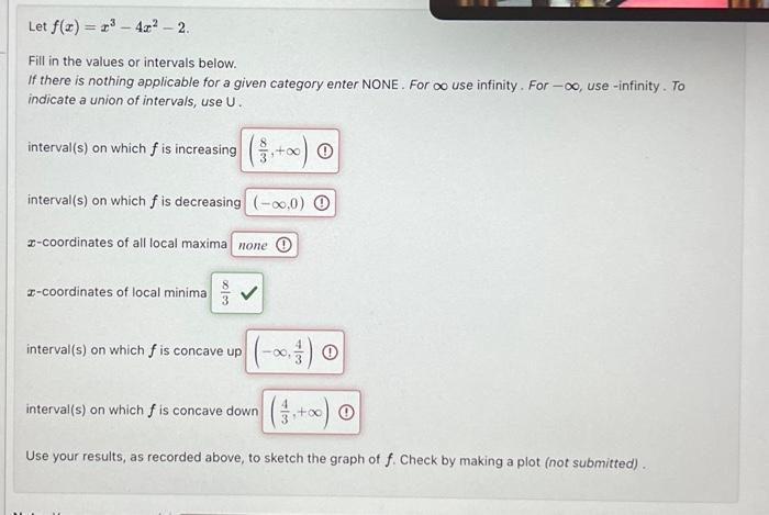 Solved Let f(x)=x3−4x2−2. Fill in the values or intervals | Chegg.com