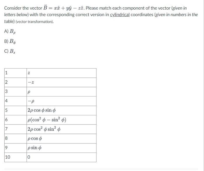 Solved Consider the vector B=xx^+yy^−zz^. Please match each | Chegg.com