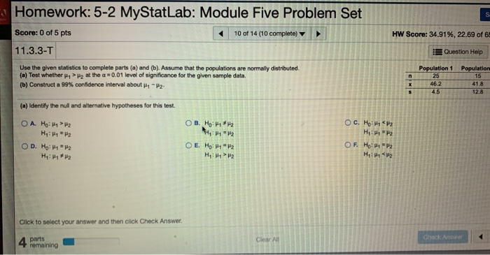 Solved Homework: 5-2 MyStatLab: Module Five Problem Set | Chegg.com
