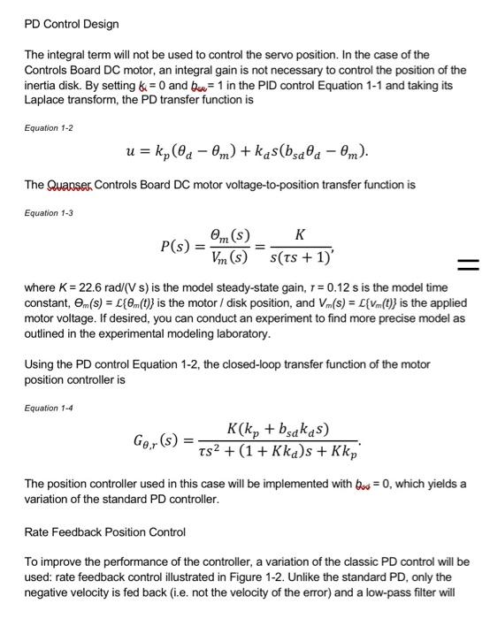 Section 1: Quantitative PD Control Design 1.1 Theory | Chegg.com