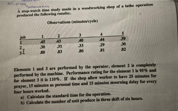 Solved HC NT-OTXPR pectores Peting A stop-watch time study | Chegg.com