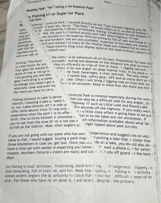 Reading Task: "lce F ishing L ike Superior Park" | Chegg.com