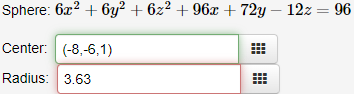 Solved Sphere: 6x2+6y2+6z2+96x+72y-12z=96Center:Radius: | Chegg.com