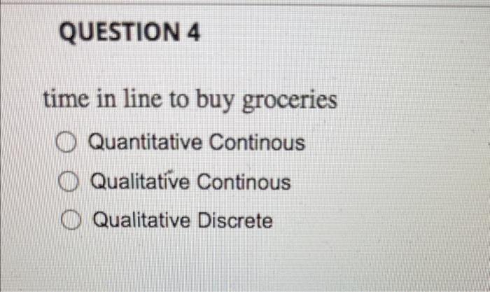 Solved time in line to buy groceries Quantitative Continous | Chegg.com