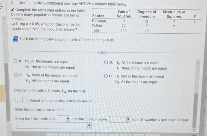 Solved Consider the partially completed one-way ANOVA | Chegg.com