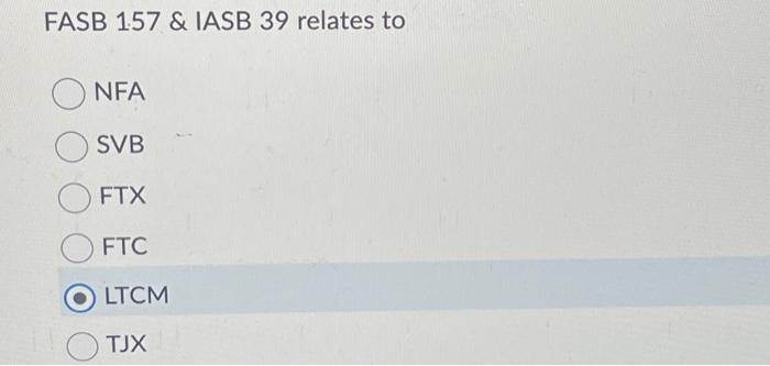 Solved FASB 157 & IASB 39 relates to NFA SVB FTX FTC LTCM | Chegg.com