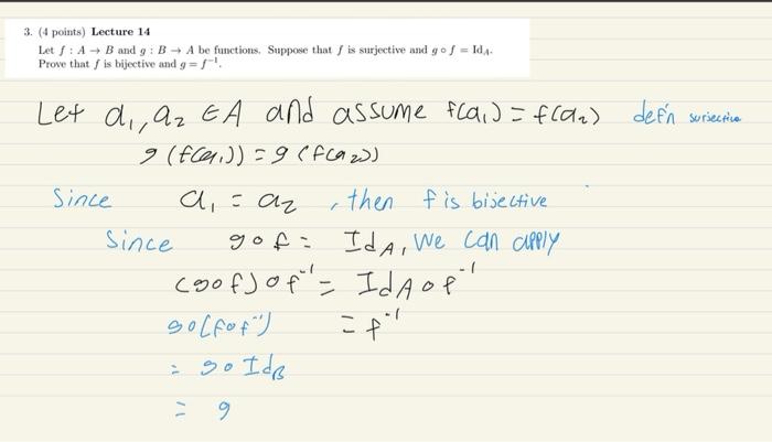 Solved 3. (4 points) Lecture 14 Let f:A→B and g:B→A be | Chegg.com