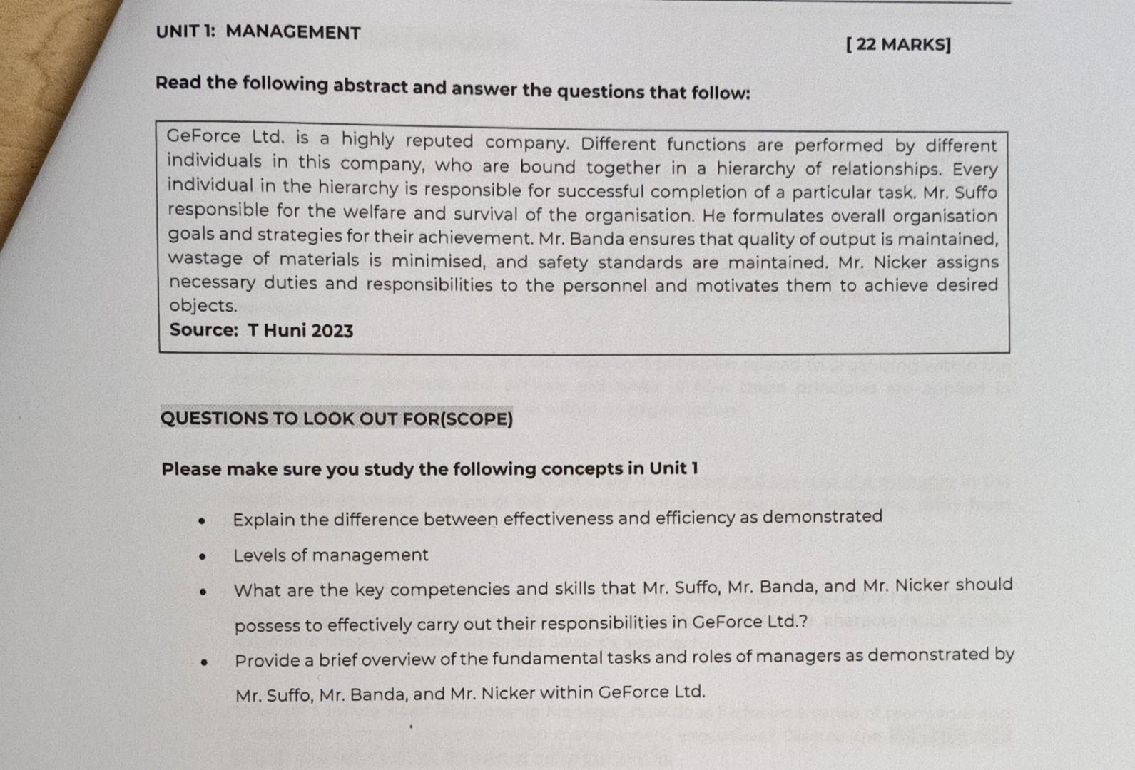 Solved UNIT 1: MANAGEMENT [ 22 MARKS] Read the following | Chegg.com