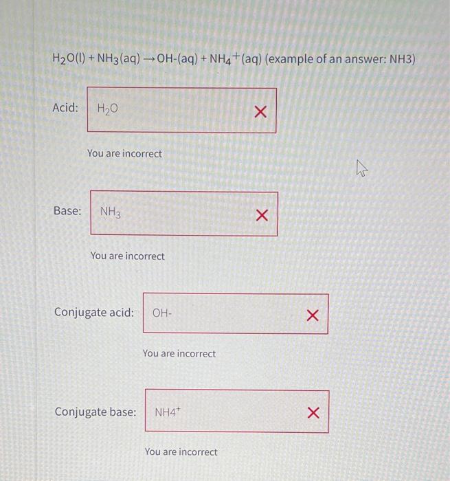 Solved H2O(I)+NH3(aq)→OH−(aq)+NH4+(aq) Acid: You are | Chegg.com