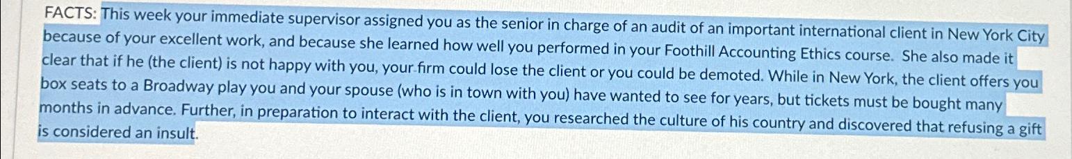 Solved FACTS: This week your immediate supervisor assigned | Chegg.com