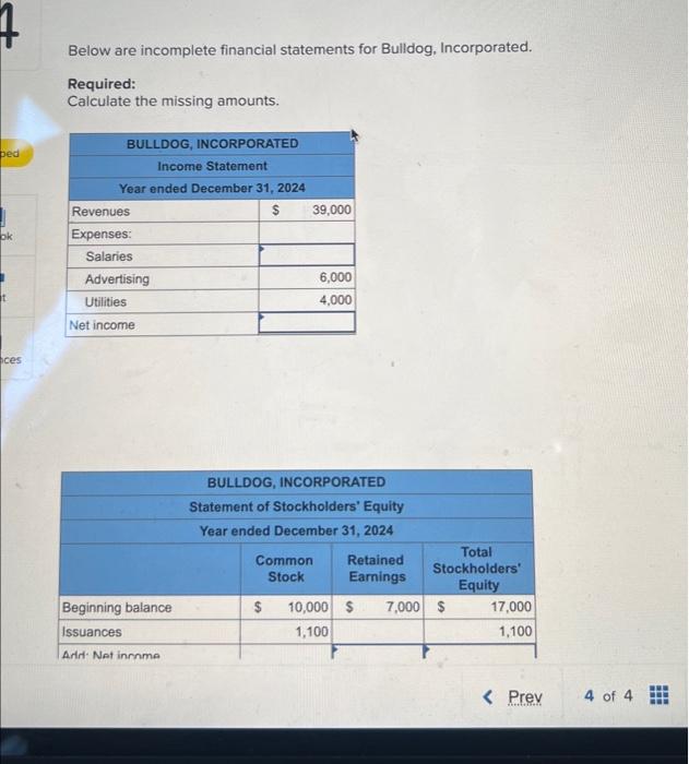 Solved 4 ped ok t ces Below are incomplete financial | Chegg.com