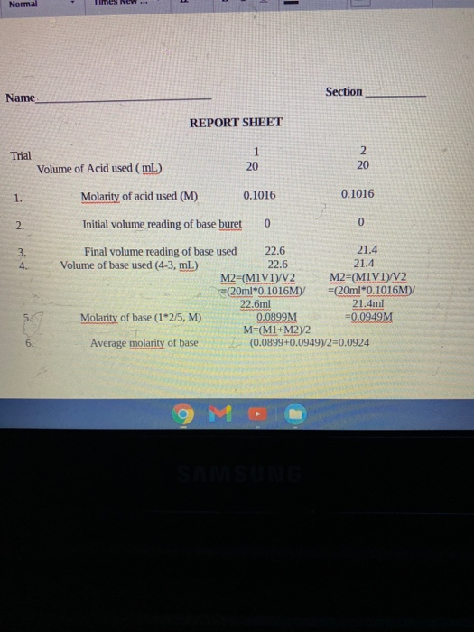 Solved Normal MES NEW Section Name REPORT SHEET Trial Volume | Chegg.com