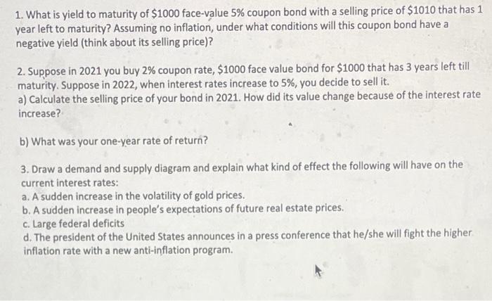 Solved 1. What is yield to maturity of $1000 face-value 5% | Chegg.com