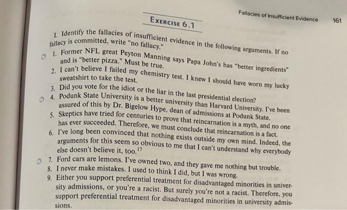 Solved Fallacies of insufficient Evidence EXERCISE 6.1 161 | Chegg.com