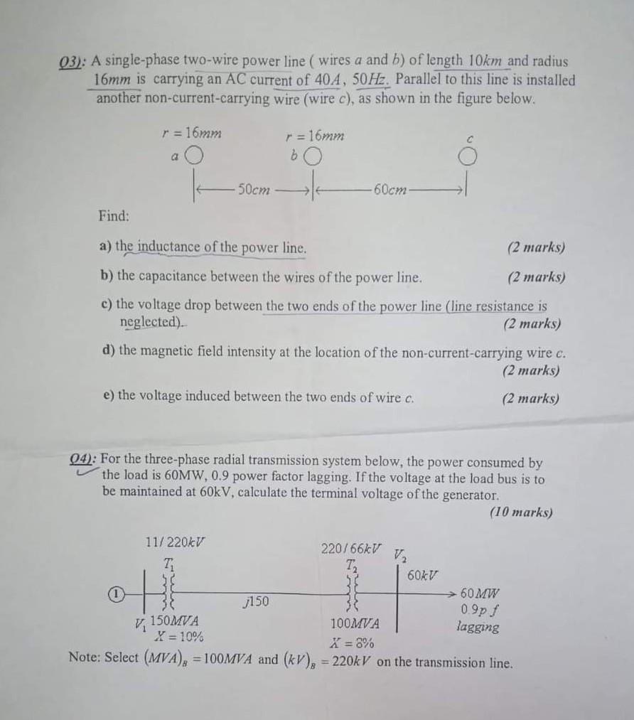 Solved 03): A single-phase two-wire power line (wires a and | Chegg.com