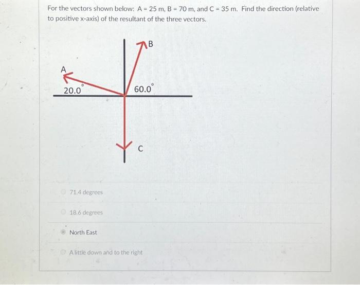 Solved For the vectors shown below: A = 25 m, B = 70 m, and | Chegg.com