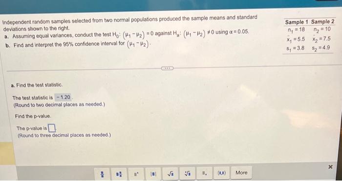 Solved Independent random samples selected from two normal | Chegg.com