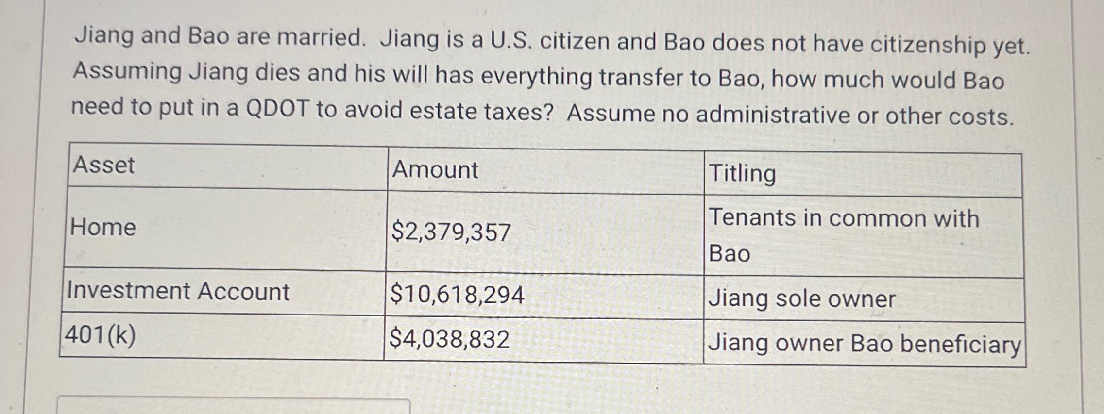 Solved Jiang and Bao are married. Jiang is a U.S. ﻿citizen | Chegg.com