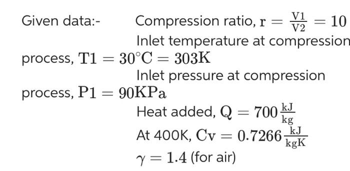 Solved Given data:- Compression ratio, r= V2V1=10 Inlet | Chegg.com