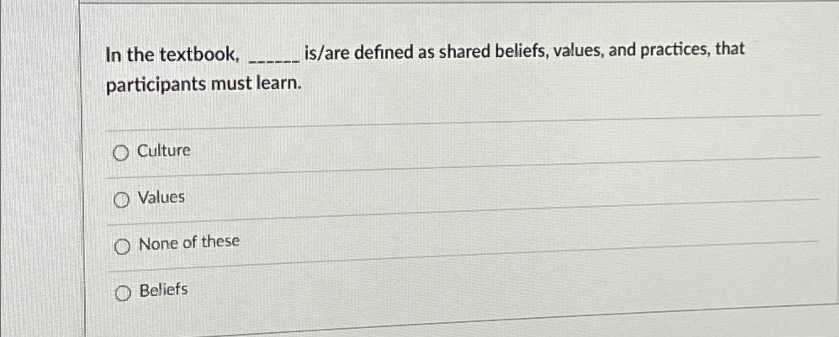 Solved In the textbook, is/are defined as shared beliefs, | Chegg.com