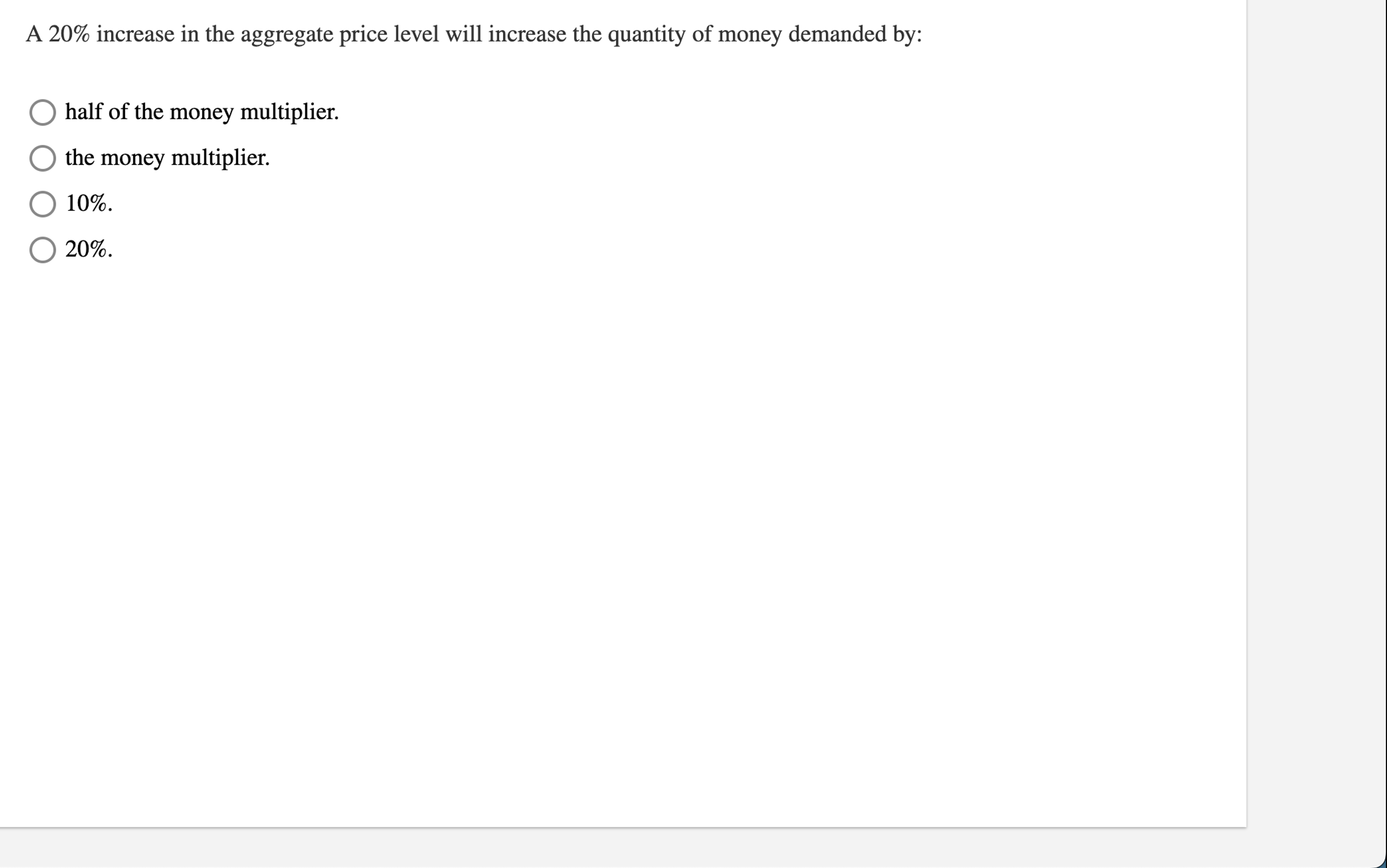 Solved A 20% ﻿increase in the aggregate price level will | Chegg.com