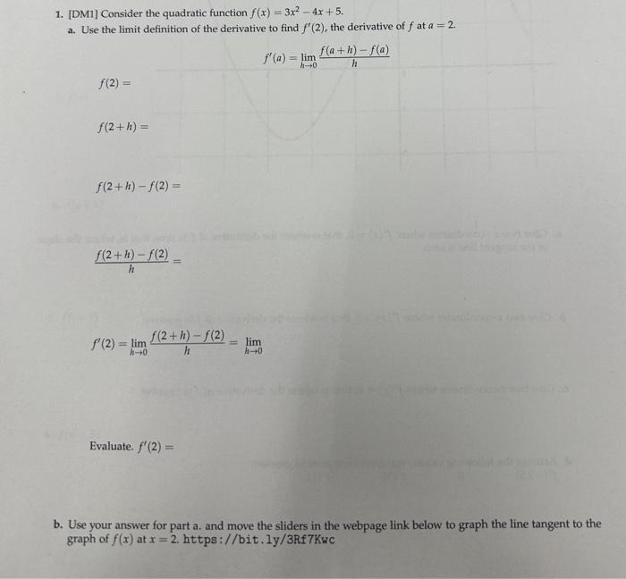 Solved 1. [DM1] Consider the quadratic function | Chegg.com