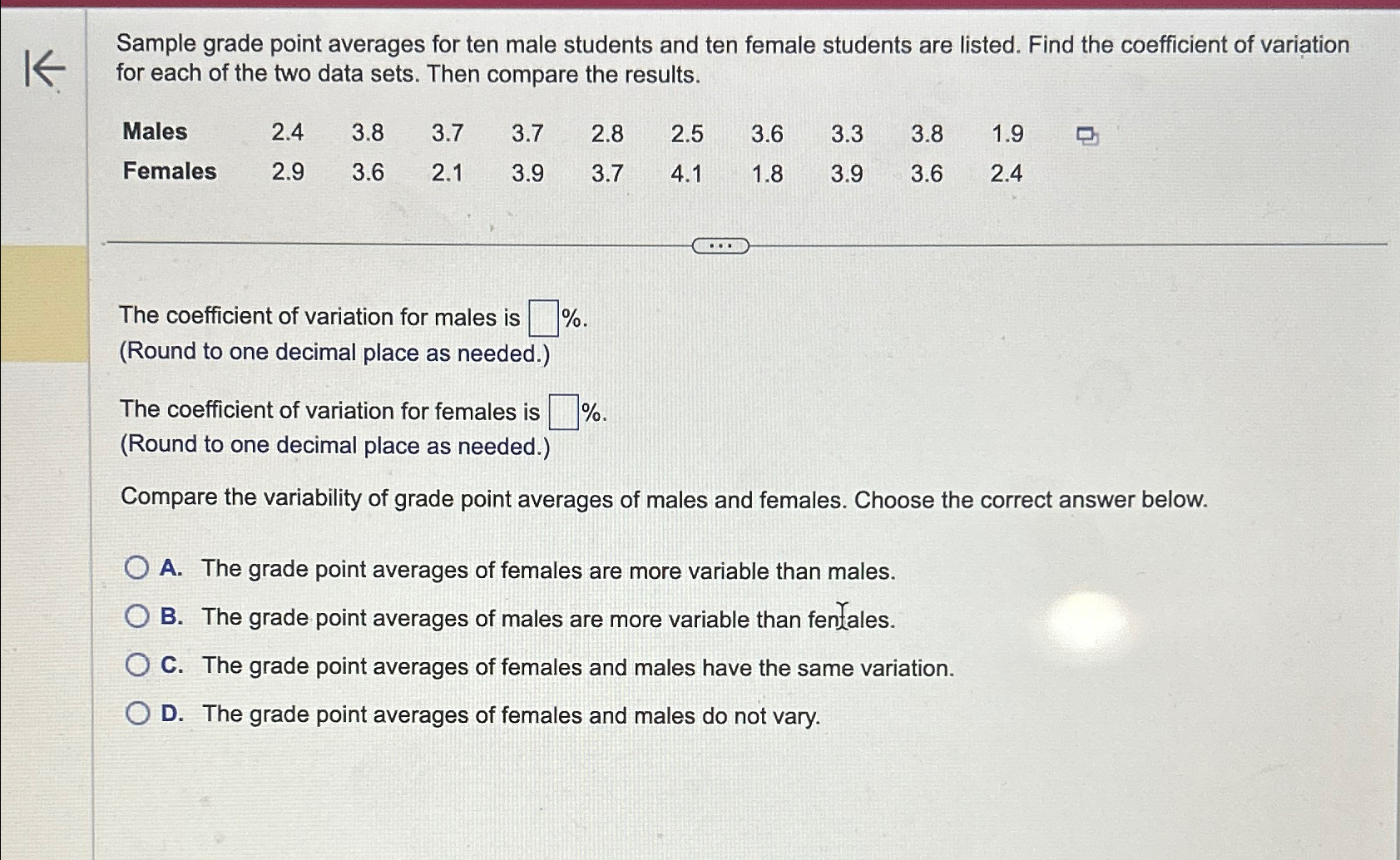 Solved Sample grade point averages for ten male students and | Chegg.com