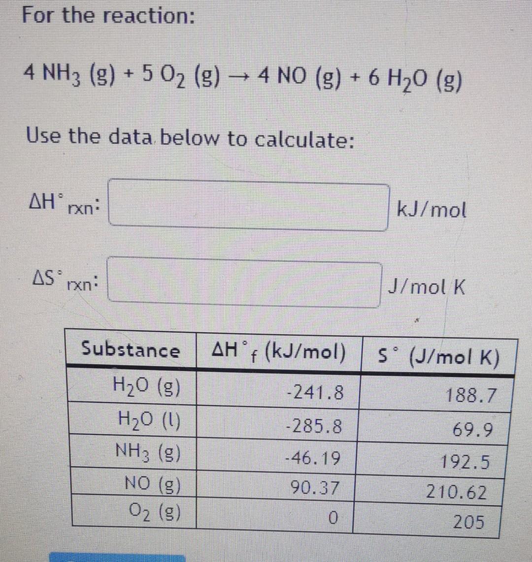 Solved For the reaction: 4 NH3 (g) + 5 O2 (g) — 4 NO (g) + 6 | Chegg.com