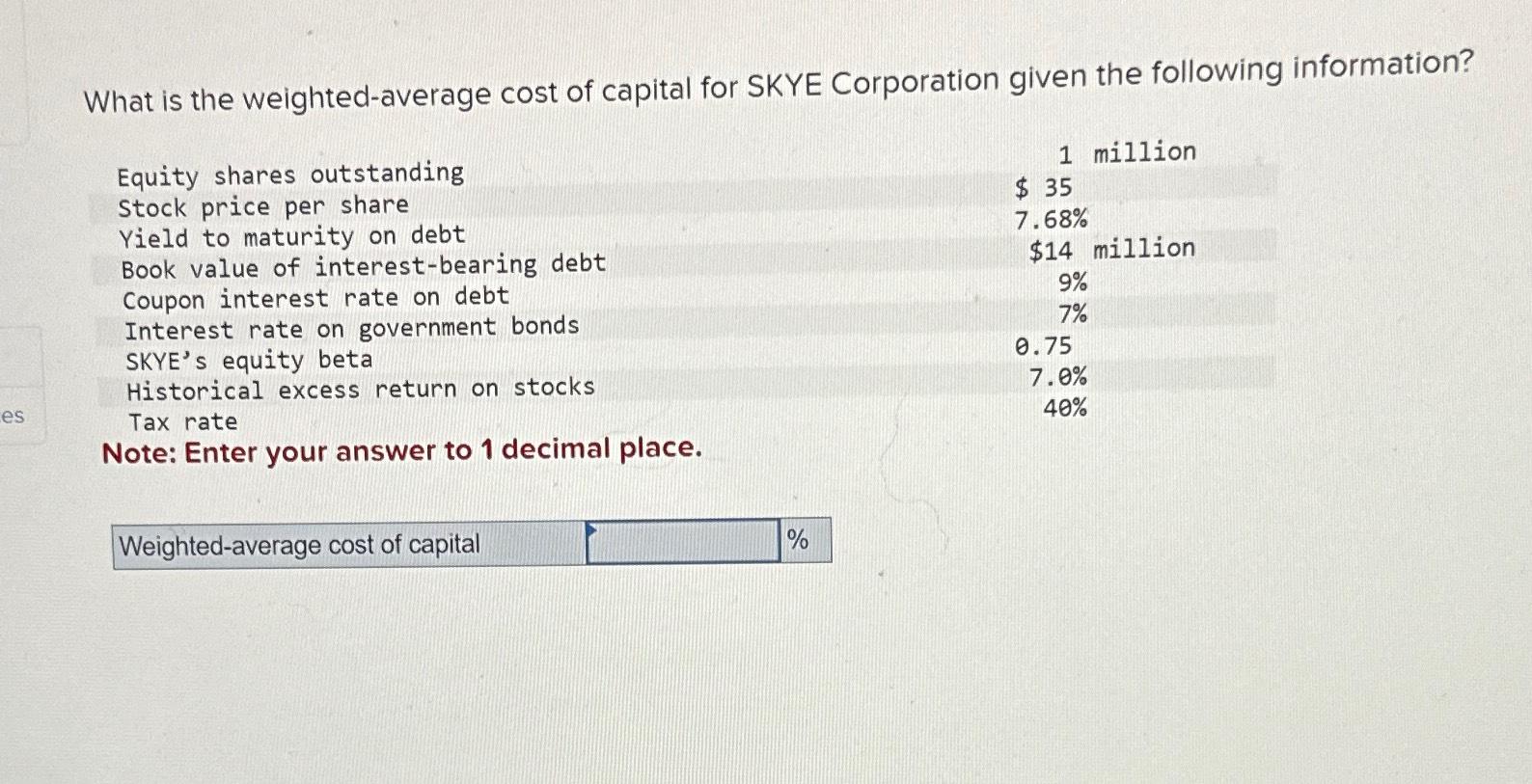 Solved What is the weighted-average cost of capital for SKYE | Chegg.com