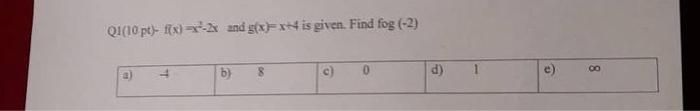 Solved Q1(10 pt) −f(x)=x2−2x and g(x)=x+4 is given. Find fog | Chegg.com