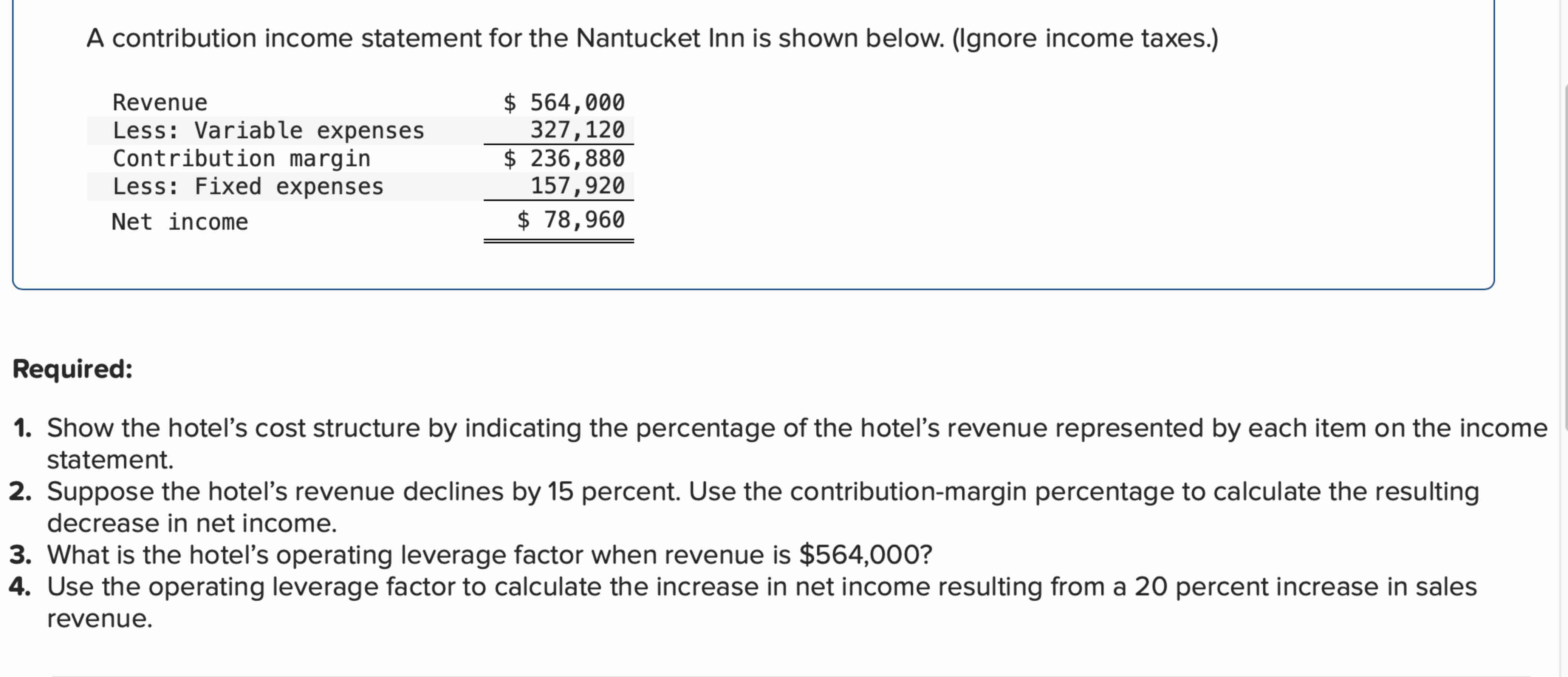 Solved A contribution income statement for the Nantucket Inn | Chegg.com
