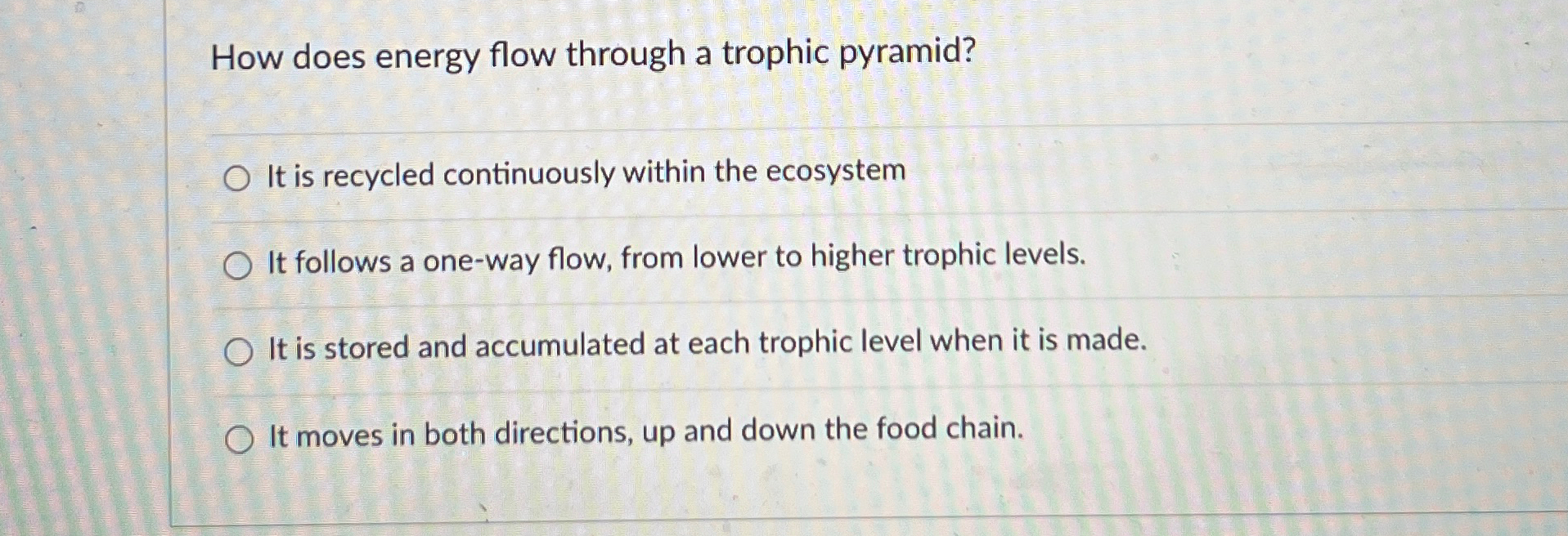 Solved How does energy flow through a trophic pyramid?It is | Chegg.com