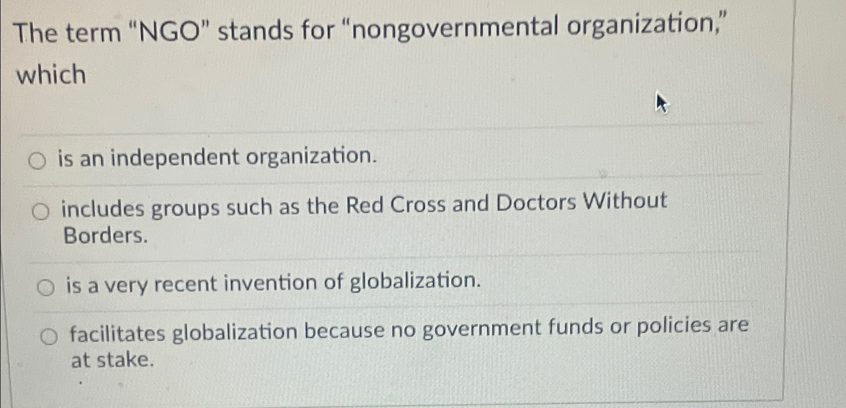 Solved The term "NGO" stands for "nongovernmental | Chegg.com