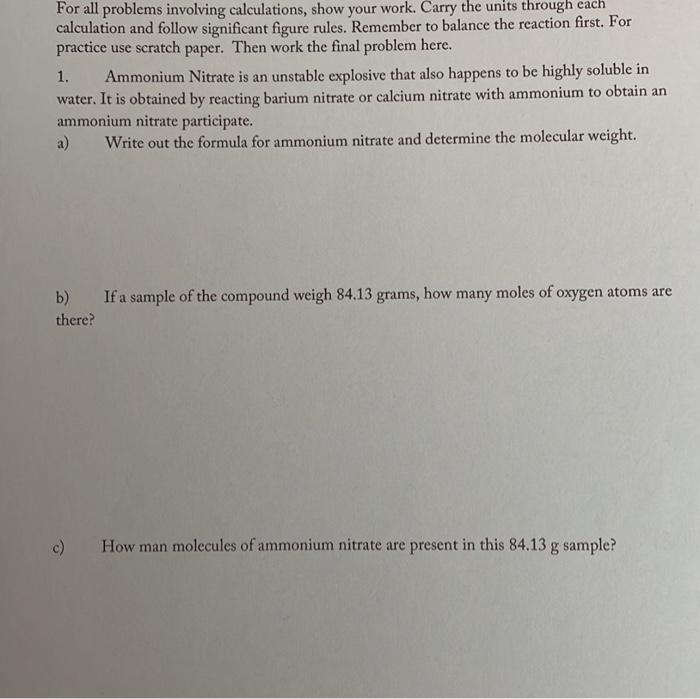 Solved For all problems involving calculations, show your | Chegg.com