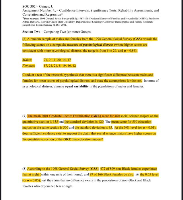 Solved SOC 302 - Gaines, J. Assignment Number 4. - | Chegg.com