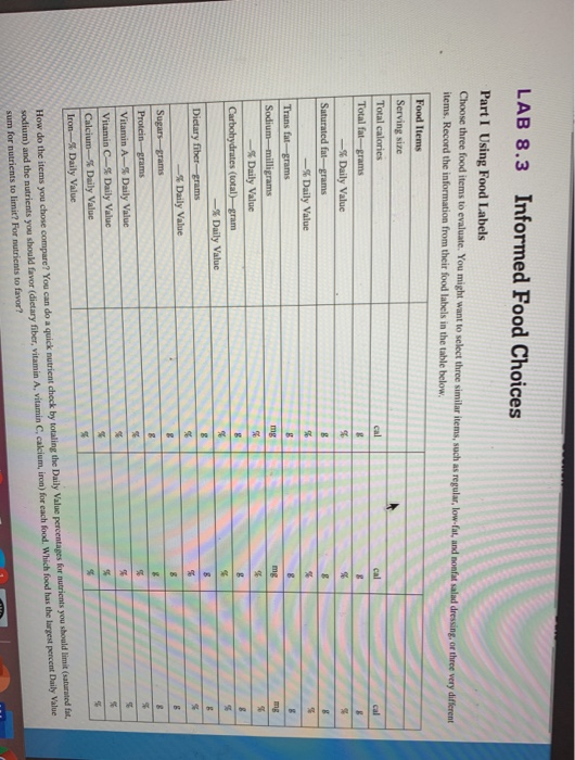 LAB 8.3 Informed Food Choices Part I Using Food | Chegg.com