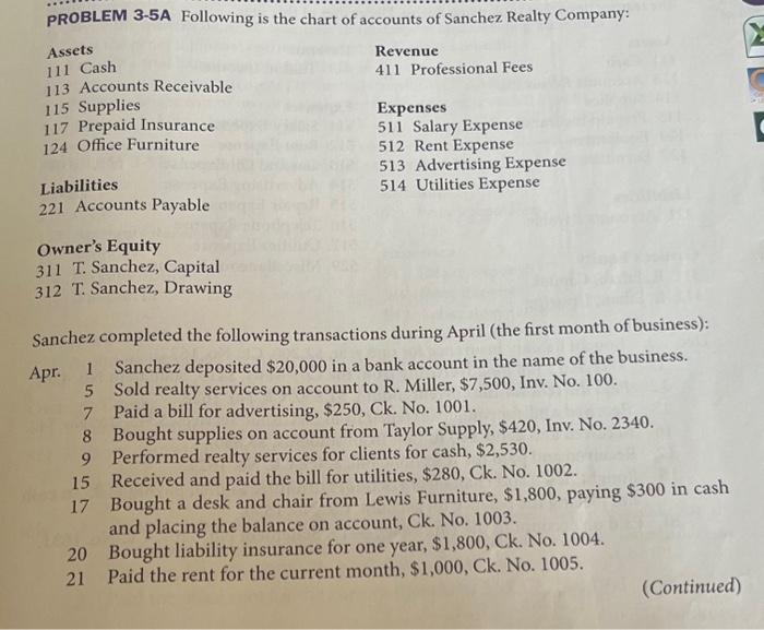 PROBLEM 3-5A Following is the chart of accounts of | Chegg.com