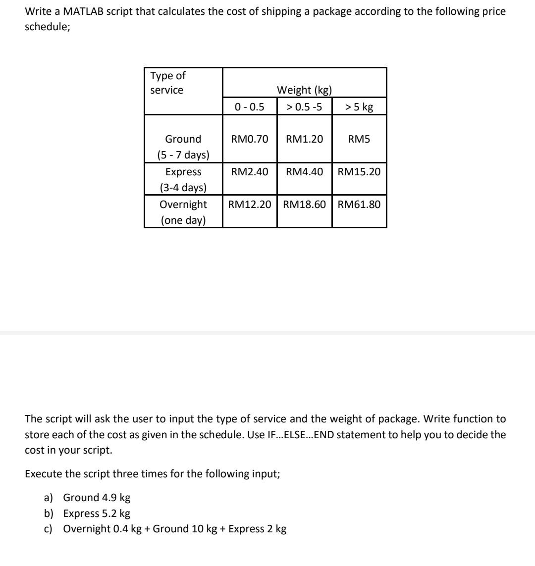 Solved Write A Matlab Script That Calculates The Cost Of 9205